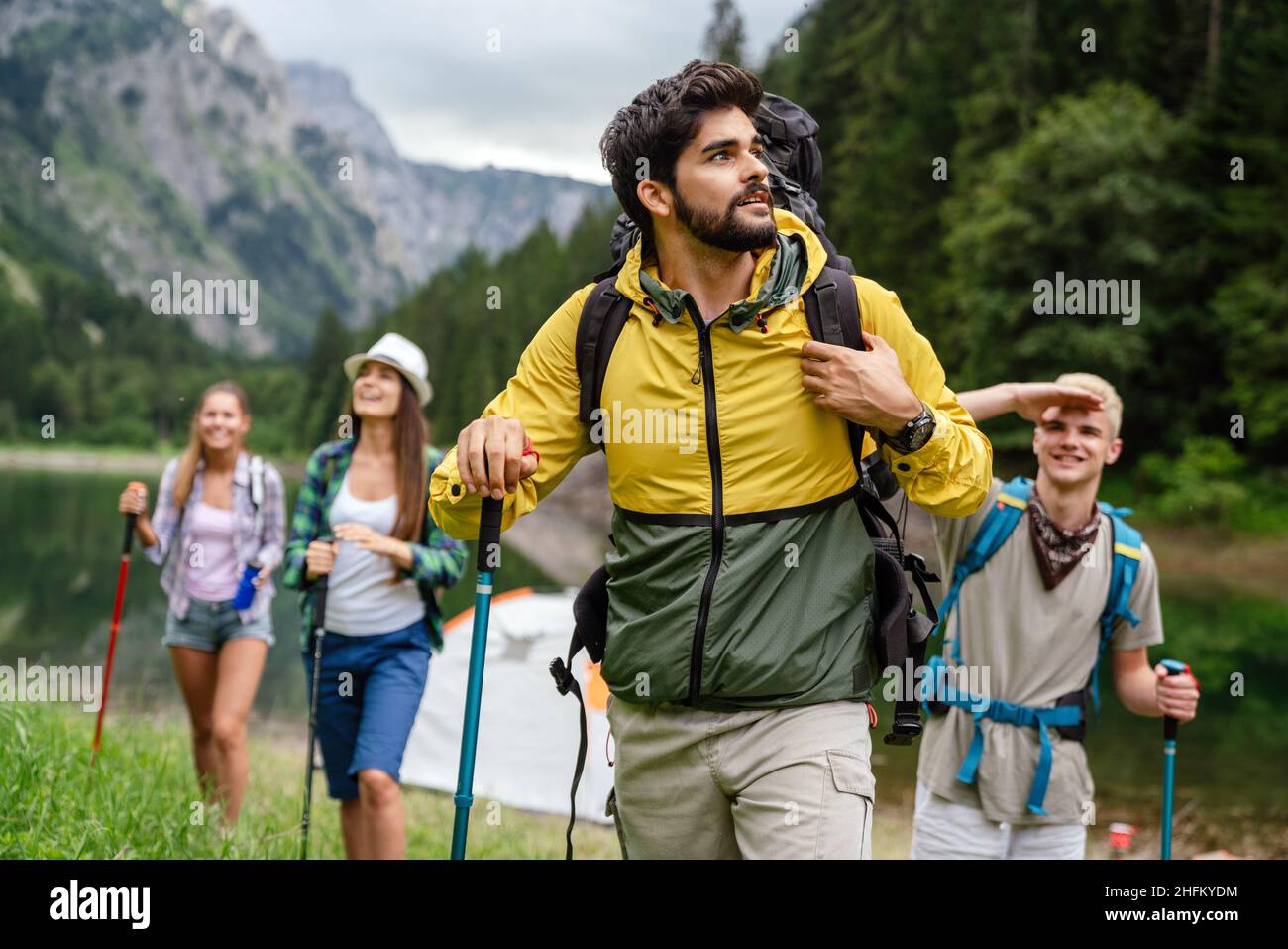 Hiking camping backpacker outdoor journey travel trekking concept Stock ...