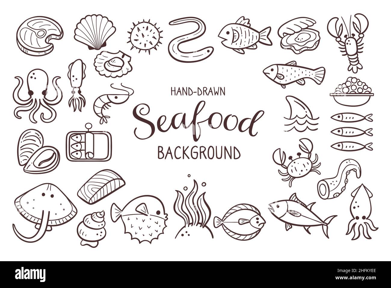 Hand drawn seafood background. Fish, seaweed and shellfish. Food ...