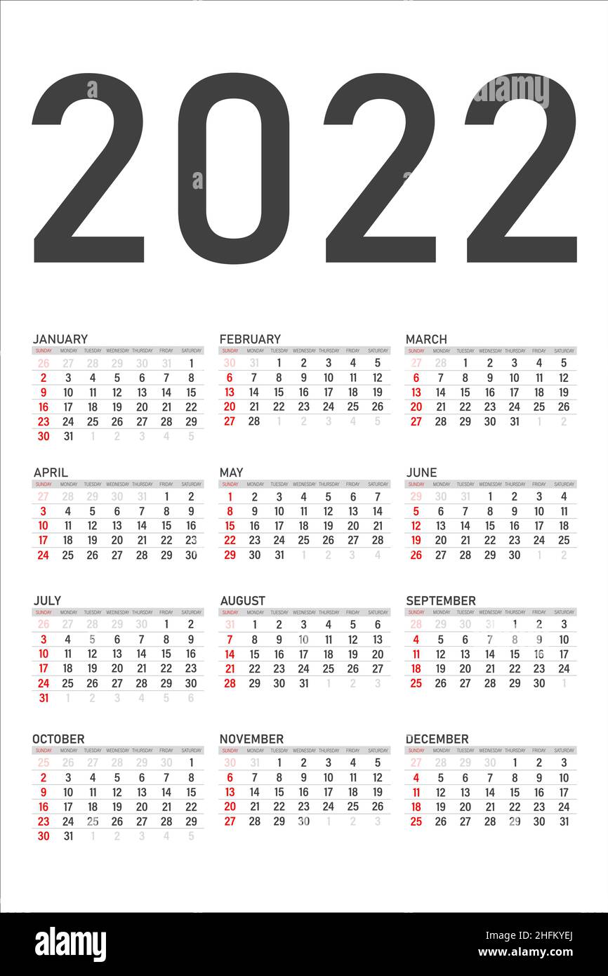 Calendar for 2022 isolated on white background. From Monday to Sunday ...