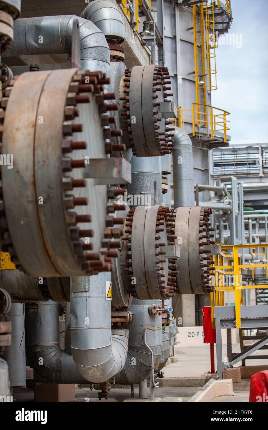 Oil refinery plant. Grey High-pressure tank equipment. Heat exchanger ...