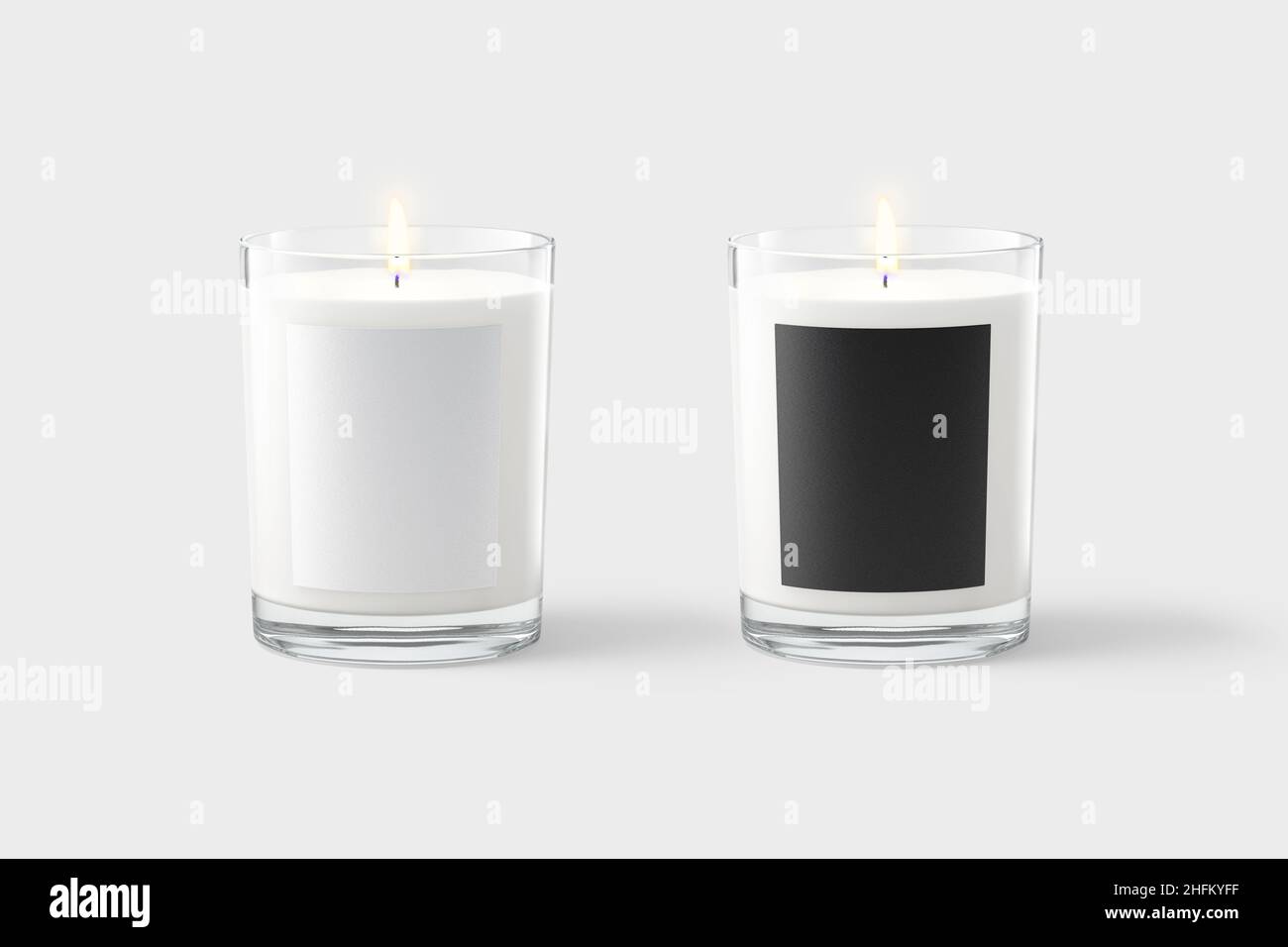 Blank candle in glass jar with black, white label mockup Stock Photo ...