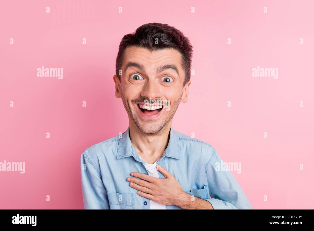 Photo of positive happy man laughing look mirror effect big head wear ...