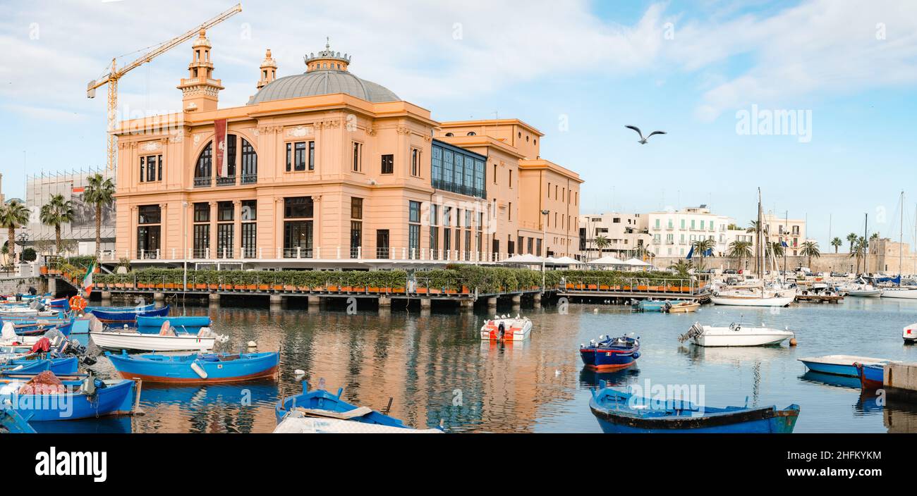 BARI, ITALY NOVEMBER 07 2018: Panorama of 5 shots. Sea view of Theater ...