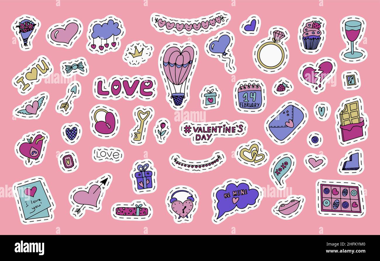 Big doodle set of icons for Valentine s day. Vector colorful ...