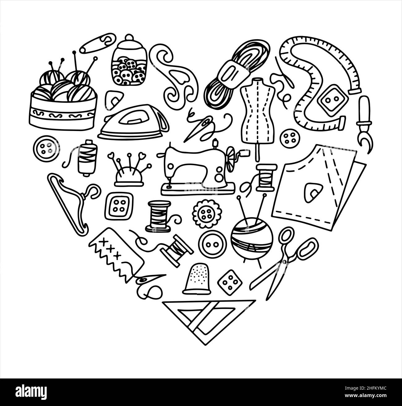 Vector doodle sewing set with heart and love. Vector tailoring tools ...