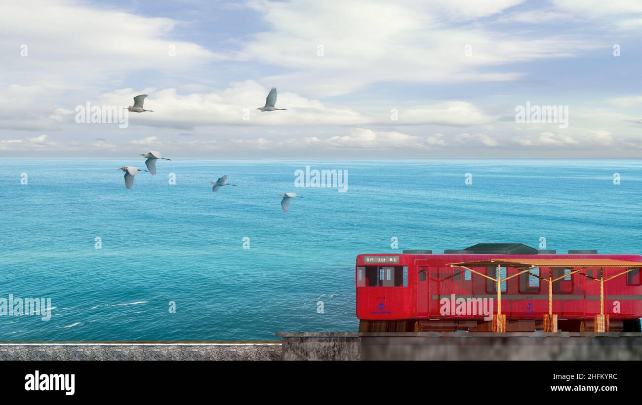3d rendering of beautiful train and station with nice mountain Stock ...