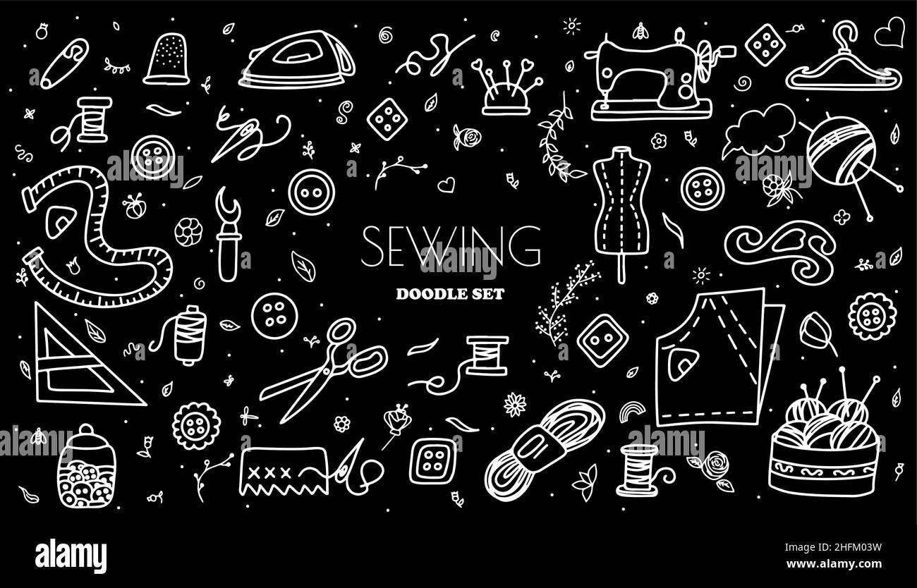 Big vector doodle sewing set. Vector tailoring tools icons. Sewing ...