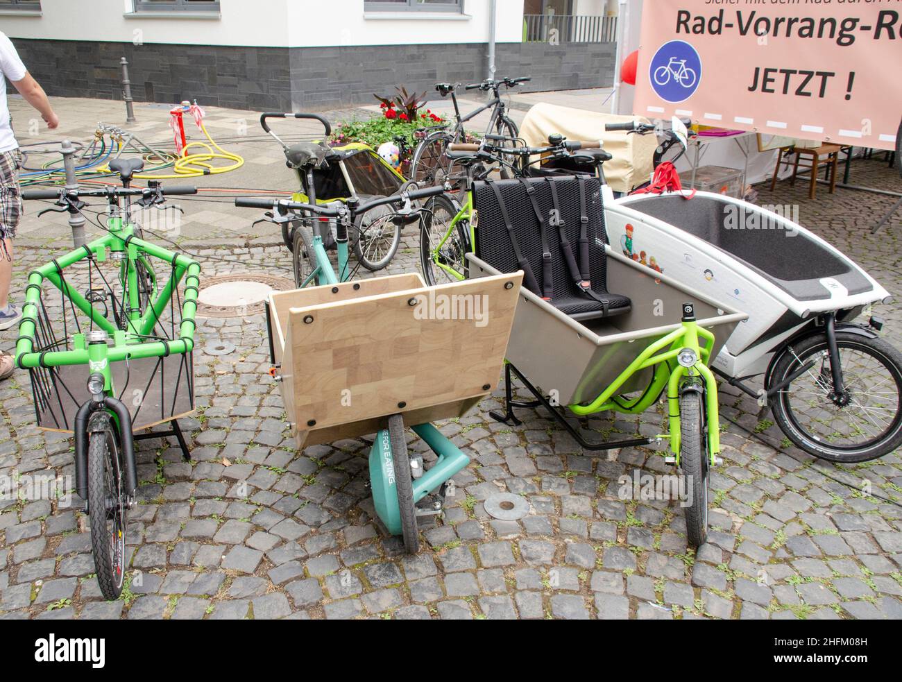 Aachen June 2018: Some cargo bikes are exhibited at the Eilendorfer ...