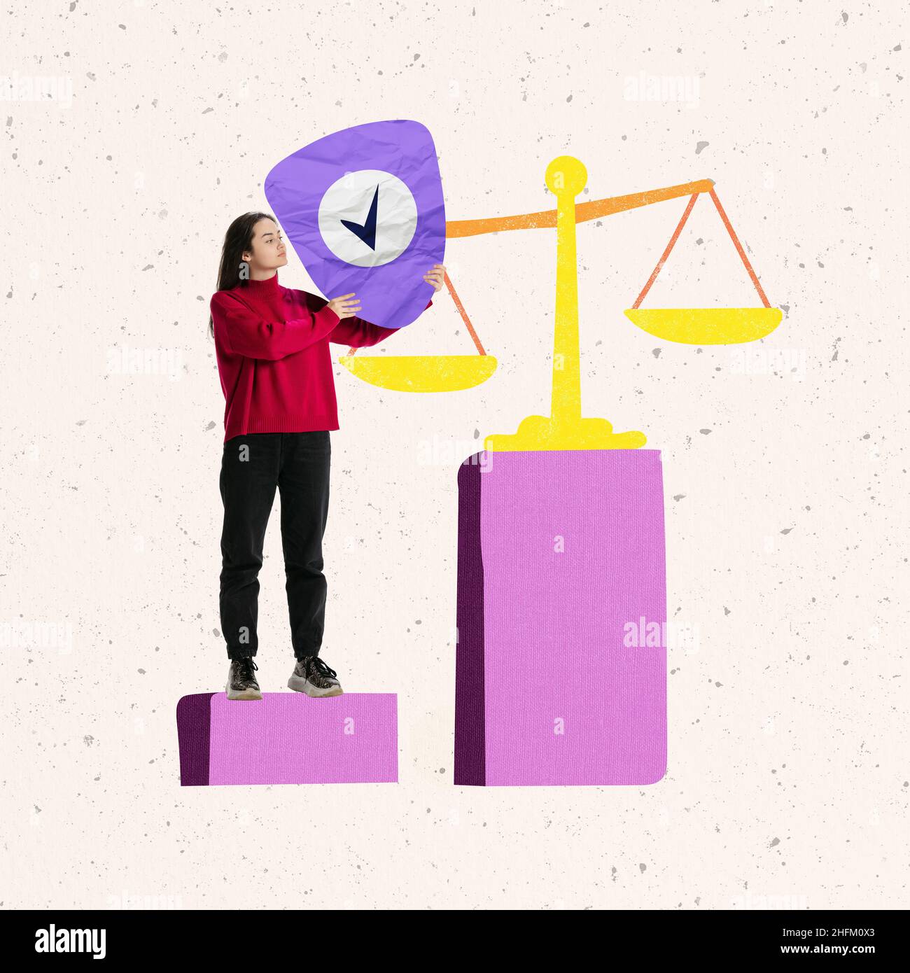 Creative design. Contemporary art collage. Young girl, worker with ...