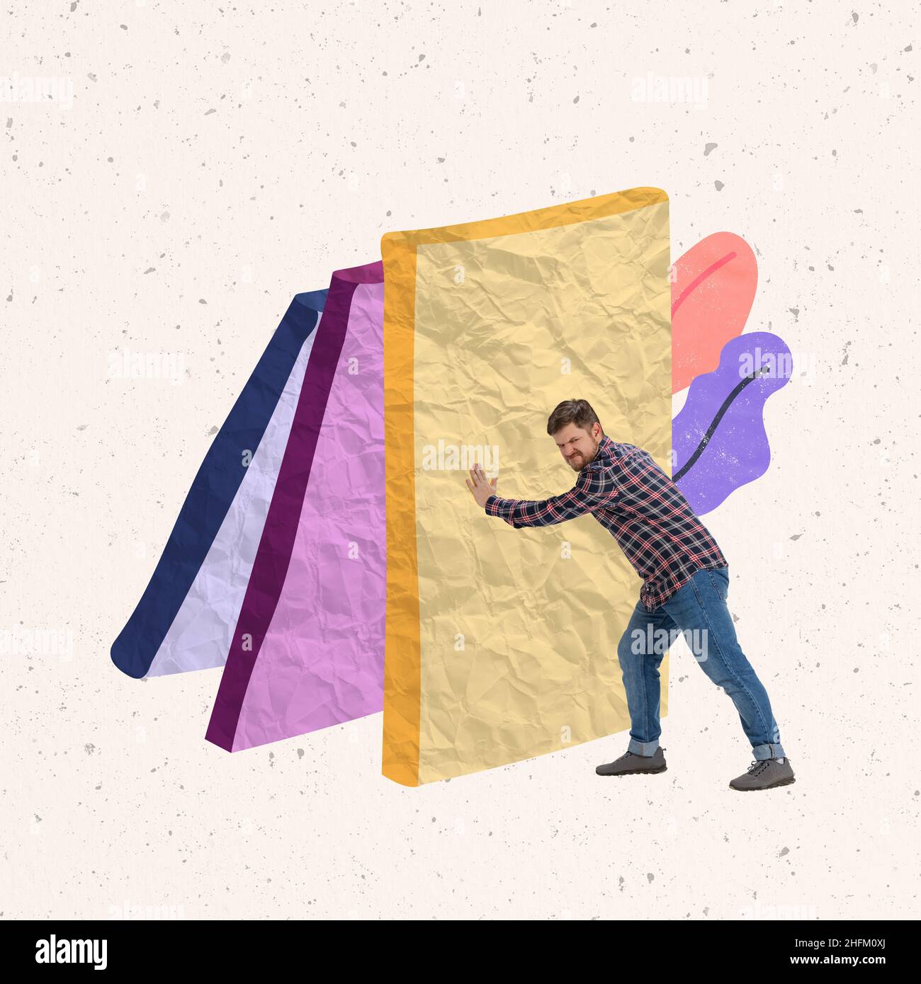 Contemporary art collage. Employee, office worker pushing blocks ...