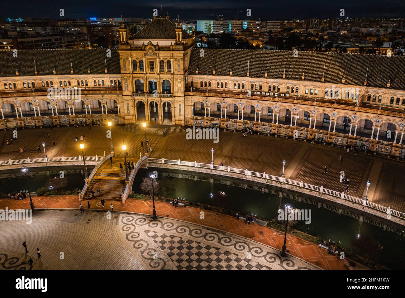 Aeral view of the Plaza de Espana with night lights in Sevilla Stock ...