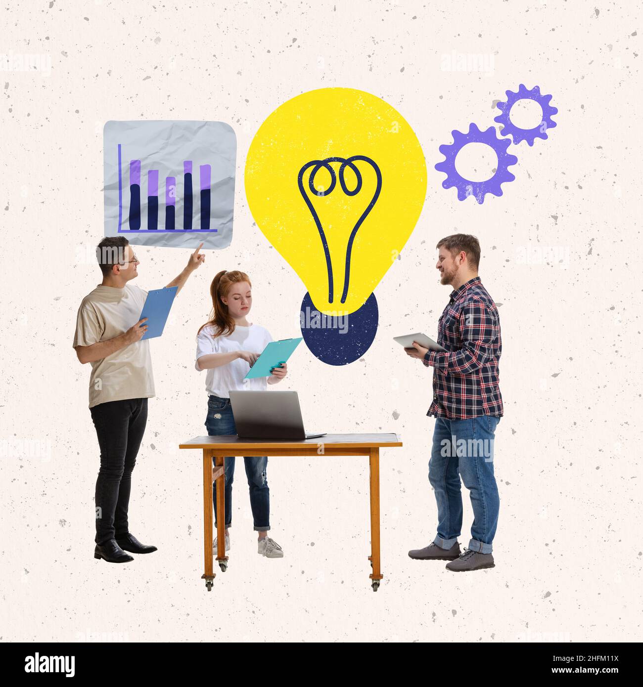 Creative design. Contemporary art collage of team, employees working on ...