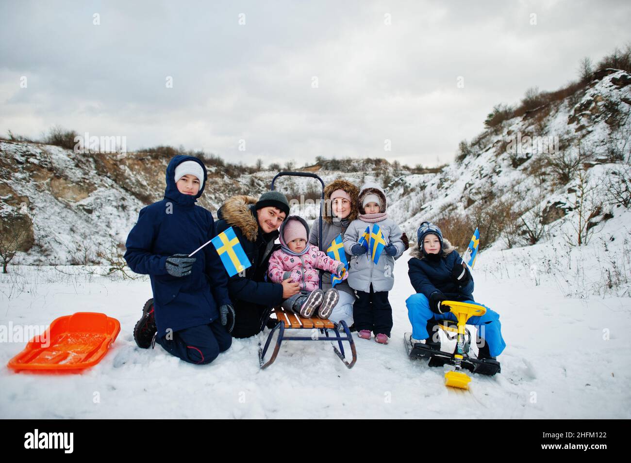 Scandinavian family with Sweden flag in winter swedish landscape Stock ...