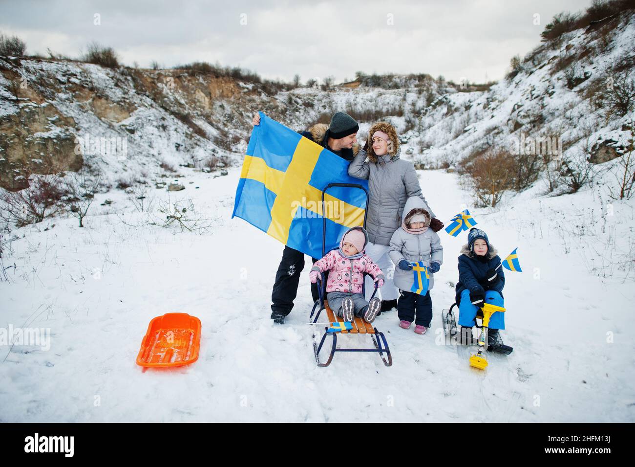 Scandinavian family with Sweden flag in winter swedish landscape Stock ...