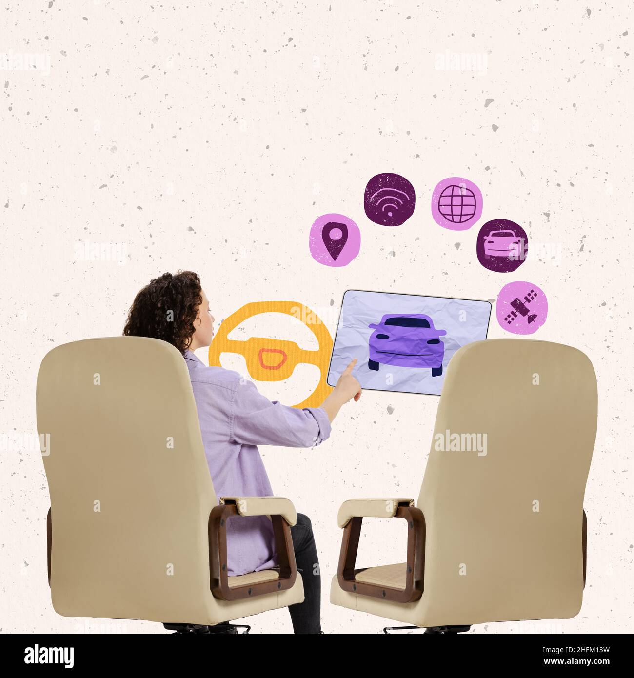 Contemporary art collage. Young woman driving high tech machine ...