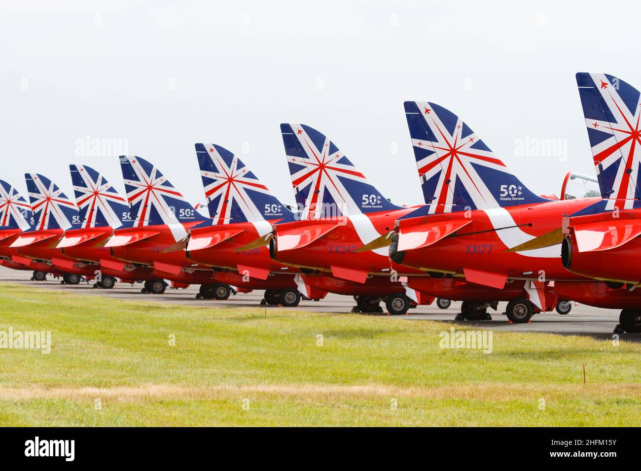Line up of BAE Hawk T1a aircraft of the Royal Air Force aerobatic display team, The Red Arrows ...
