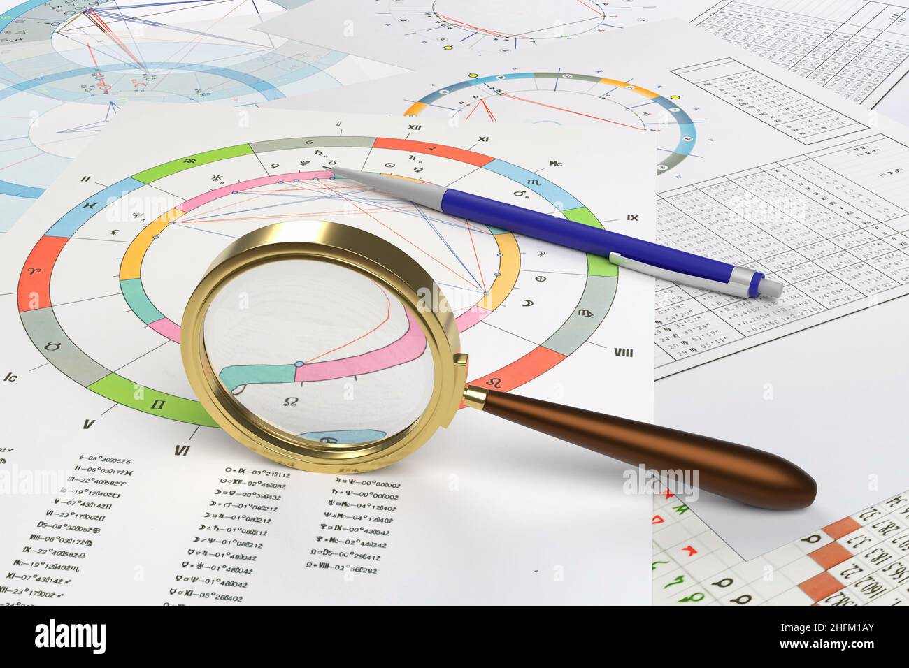 Astrological charts with symbols of planets, zodiac signs, aspects on ...