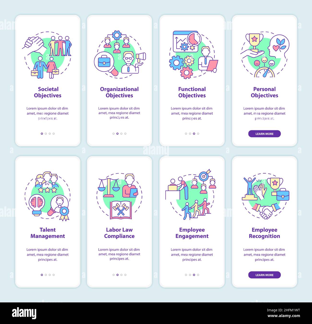 HR and business management onboarding mobile app screen set Stock ...