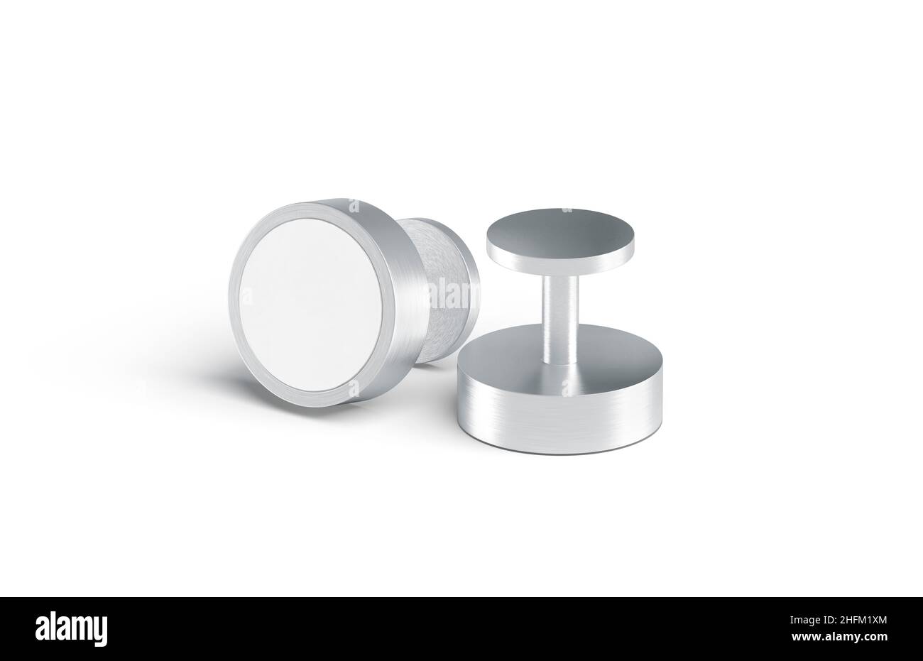 Blank round silver cufflinks stud mockup lying and stand, isolated ...