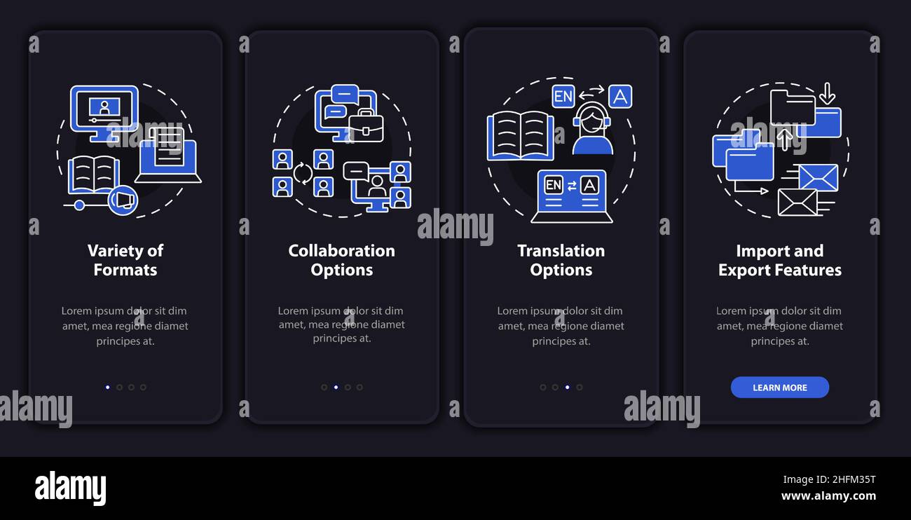 Elearning platforms features night mode onboarding mobile app screen ...
