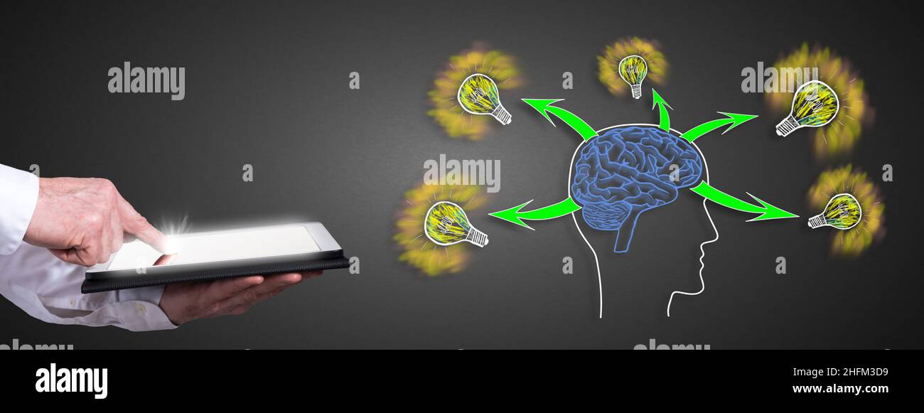 Man using a tablet with human brain ideas concept Stock Photo - Alamy