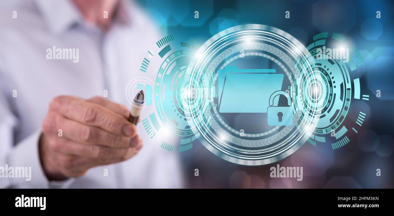 Man touching data security concept on a touch screen with a pen Stock ...