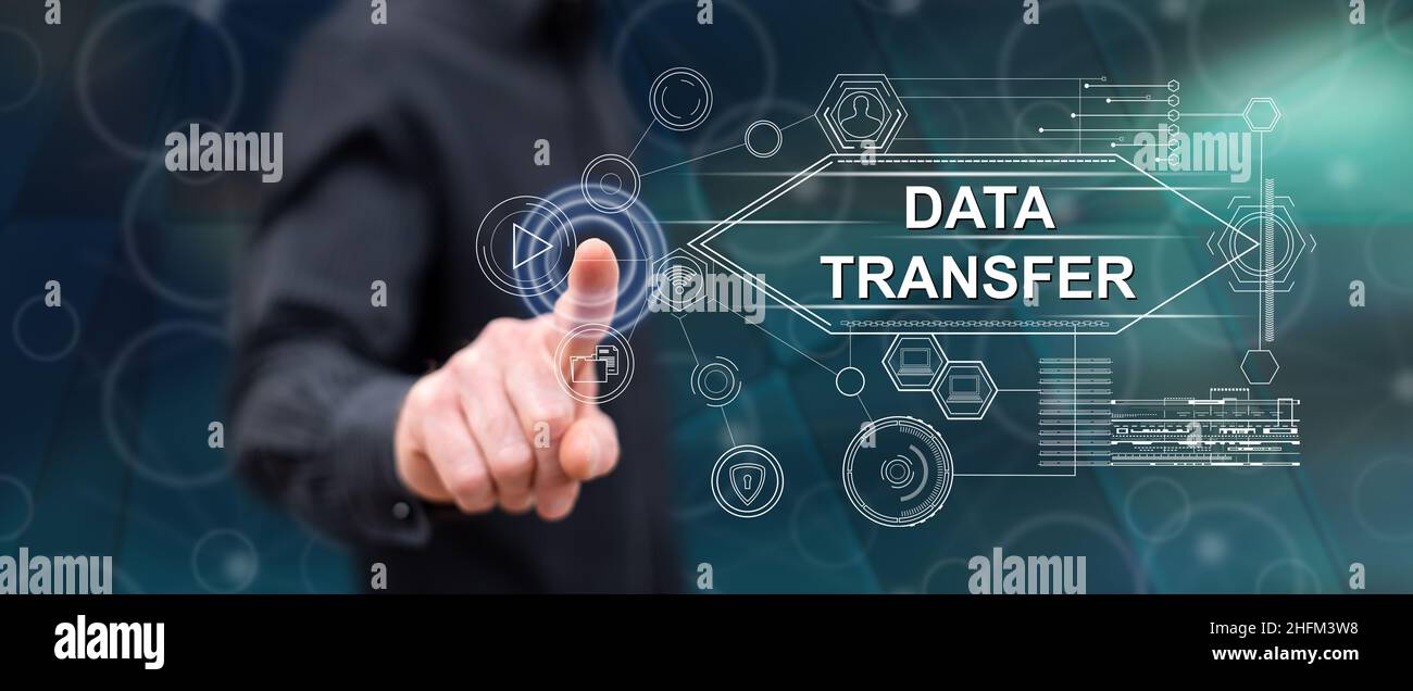 Man touching a data transfer concept on a touch screen with his finger ...