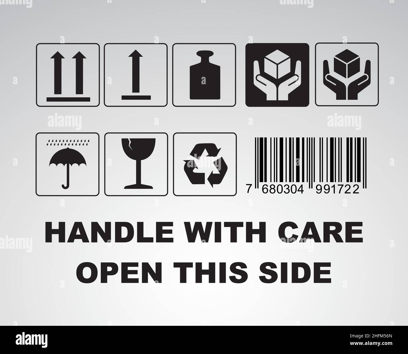 packaging symbols icons set on gray background. Recycling, fragile, flammable, this side up ...