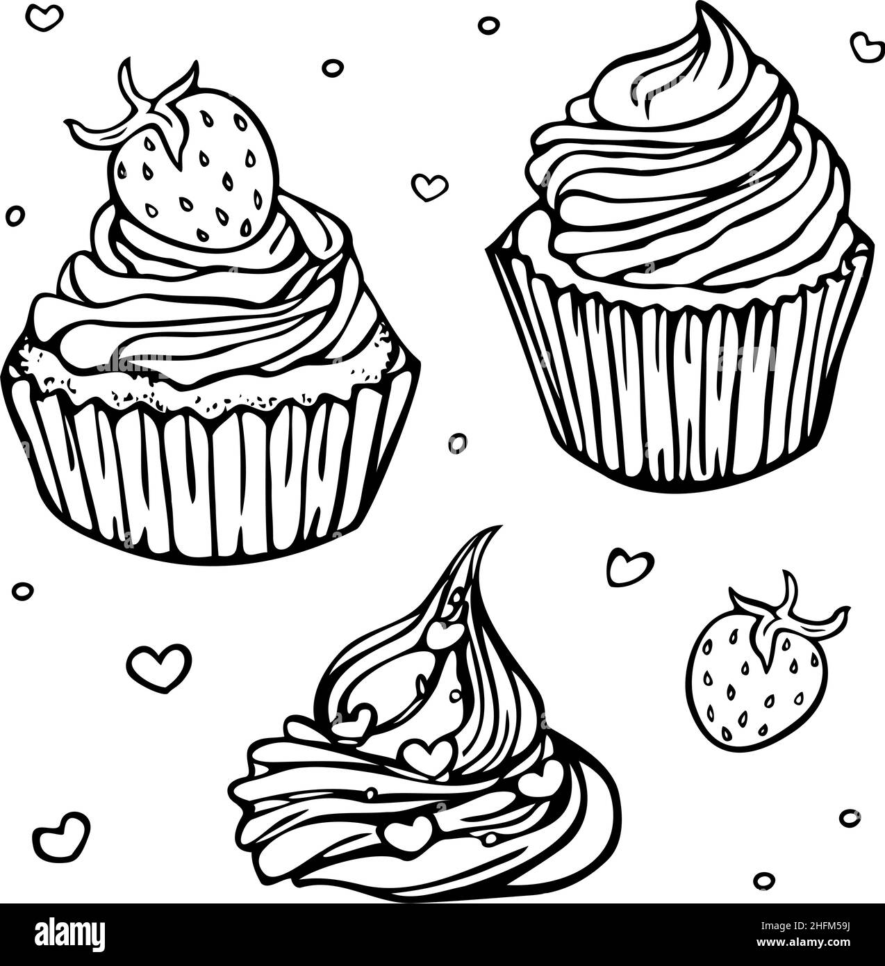 Vector illustration with collection of black and white cupcakes. Design for coloring book Stock ...