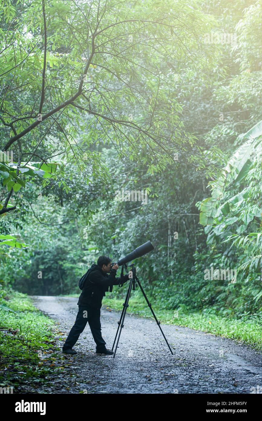 A professional wildlife photographer takes pictures with a digital ...