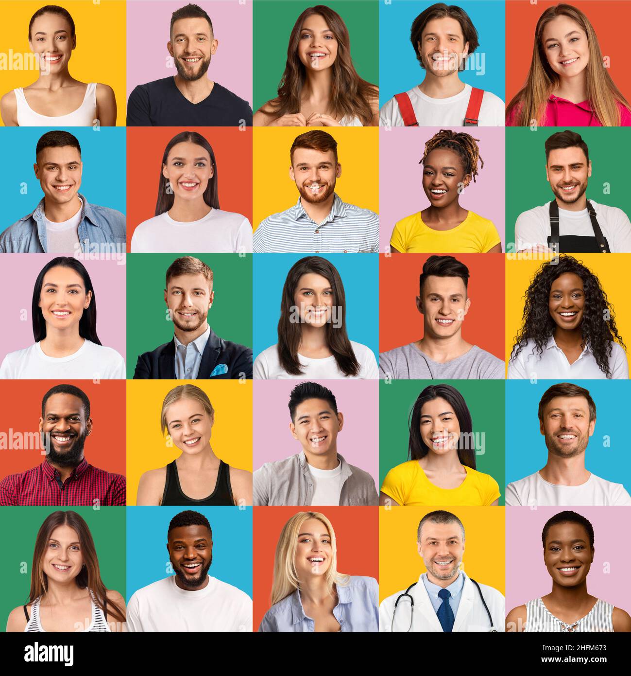 Faces of multiethnic millennial people over colorful backgrounds ...