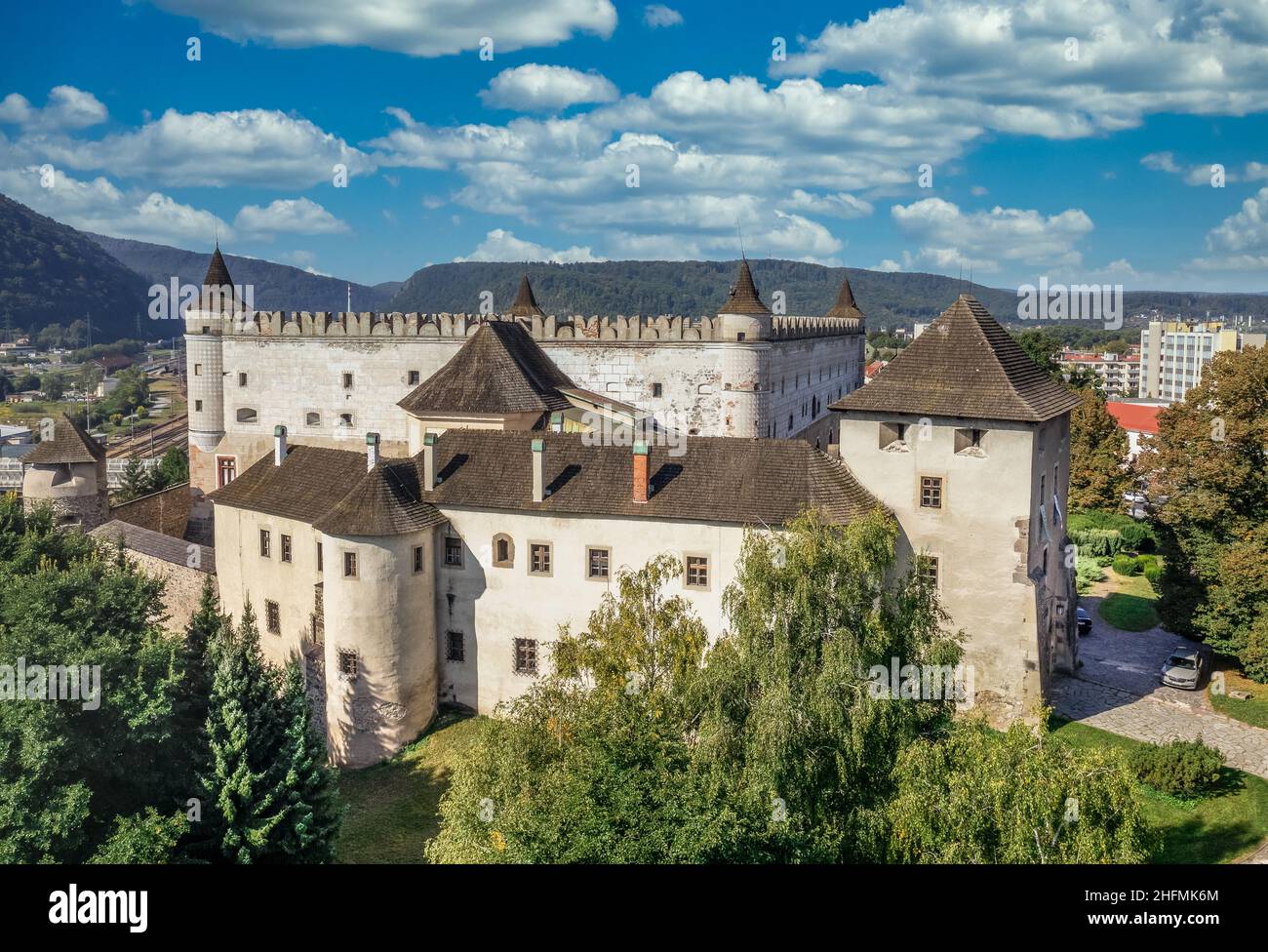 Aerial view of Zvolen castle in Slovakia with Renaissance palace, outer ...