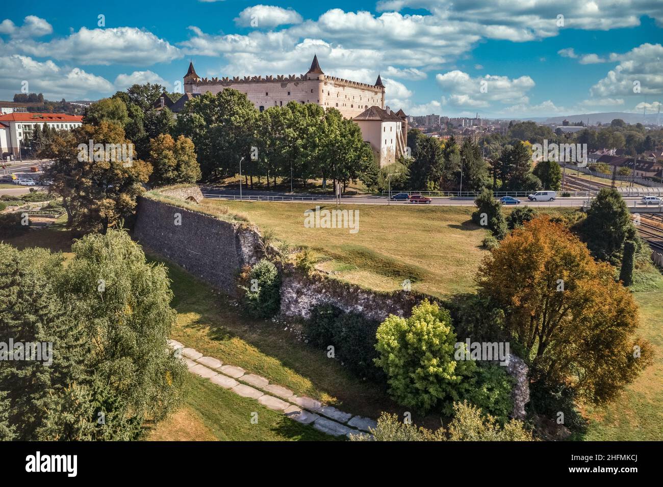 Aerial view of Zvolen castle in Slovakia with Renaissance palace, outer ...