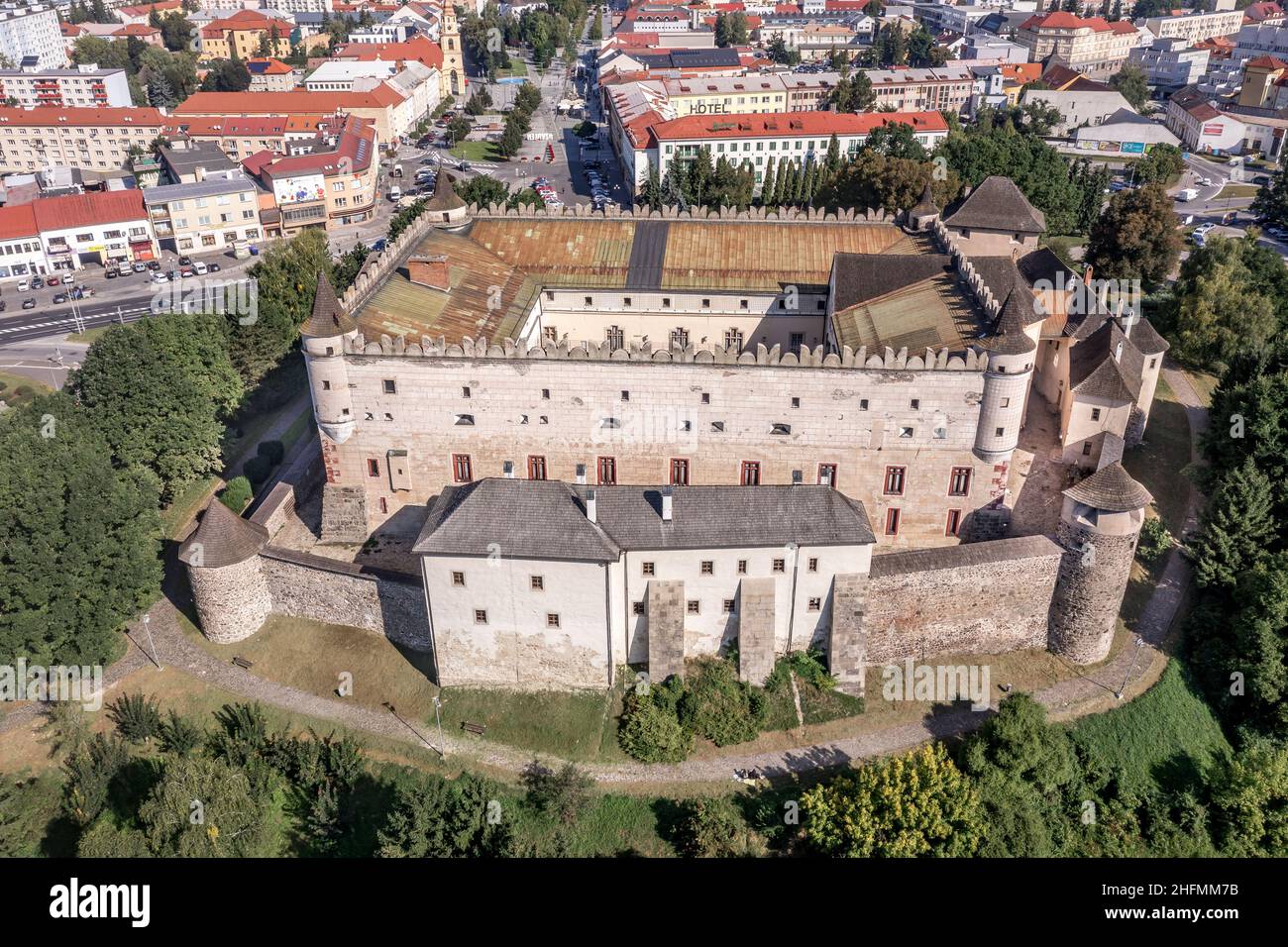Aerial view of Zvolen castle in Slovakia with Renaissance palace, outer ...