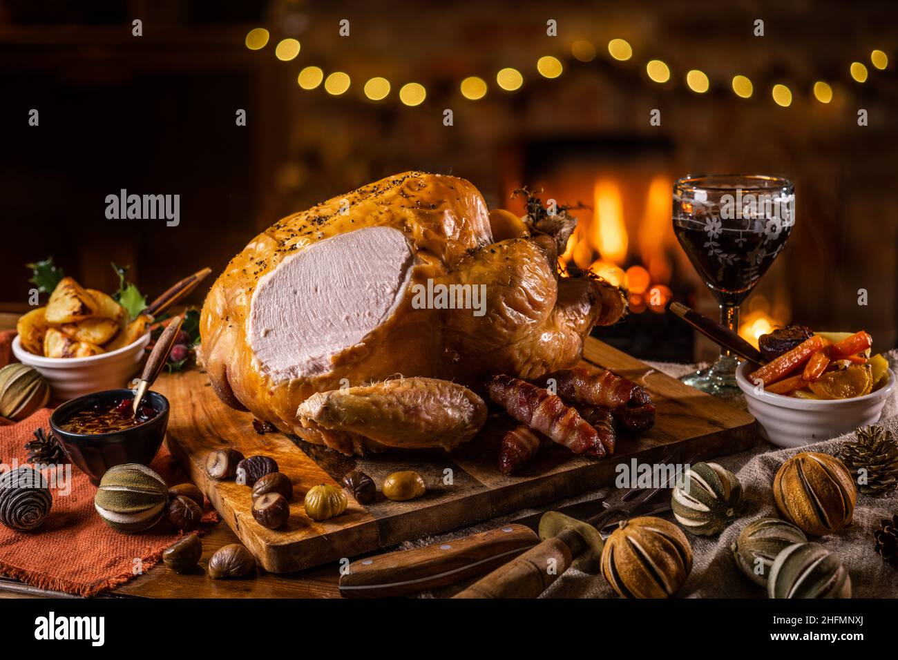 Christmas Turkey spread with trimmings by a fire Stock Photo - Alamy