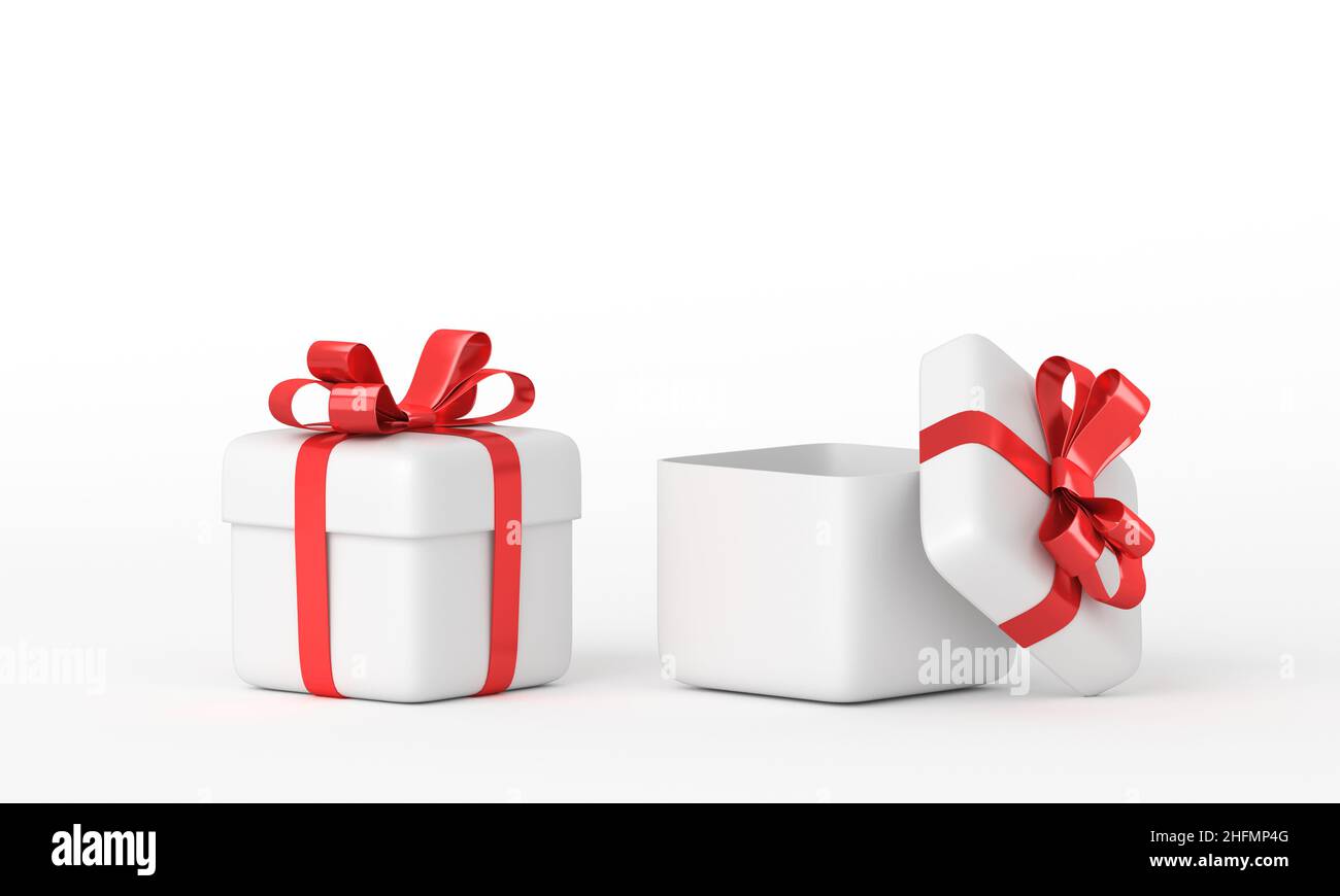 Two gift boxes, open and closed, wrapped in a red ribbon on white ...