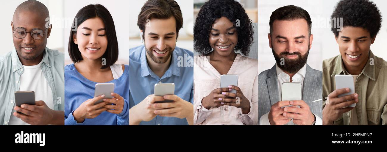 Collection of photos of multiracial people using mobile phones ...