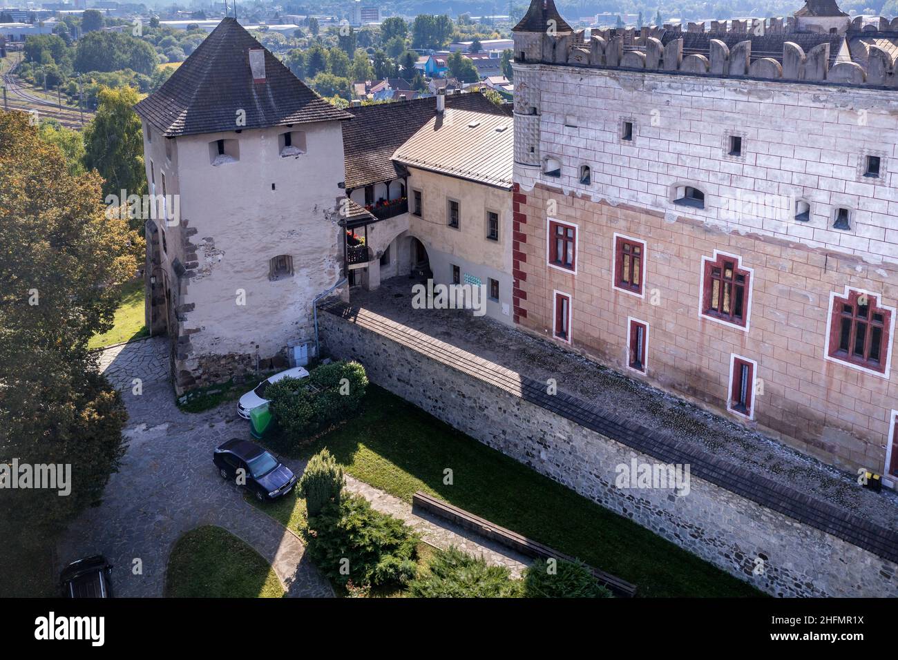 Aerial view of Zvolen castle in Slovakia with Renaissance palace, outer ...