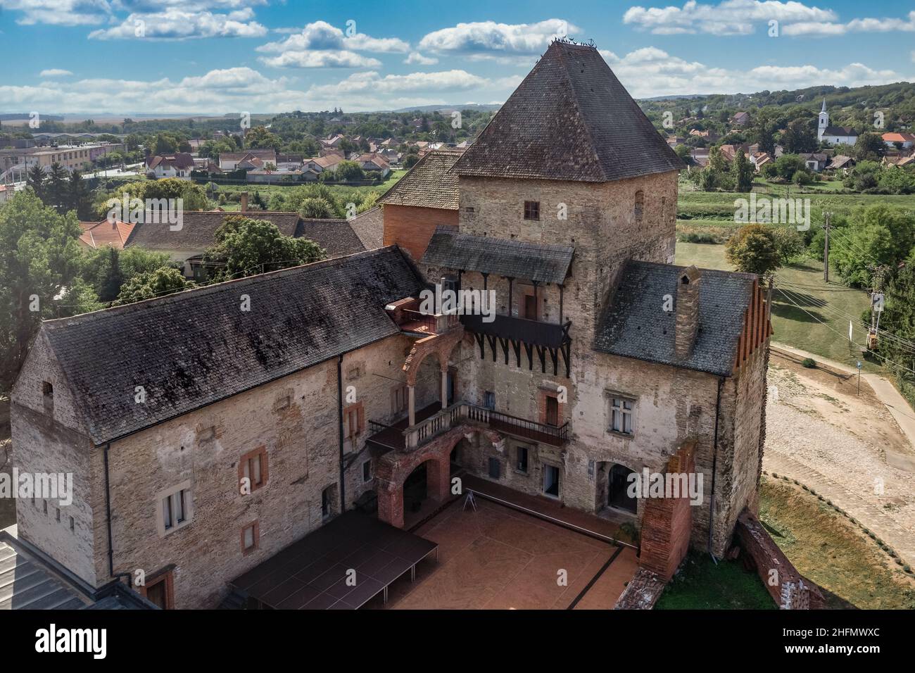 Aerial view of medieval Gothic Simontornya castle protecting the cross ...
