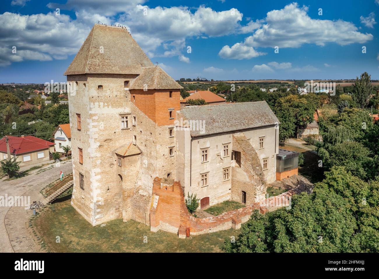 Aerial view of medieval Gothic Simontornya castle protecting the cross ...