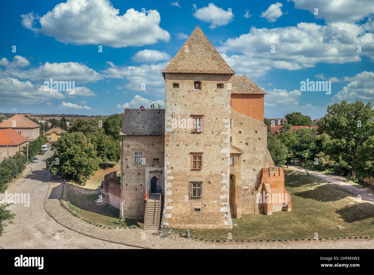 Aerial view of medieval Gothic Simontornya castle protecting the cross ...