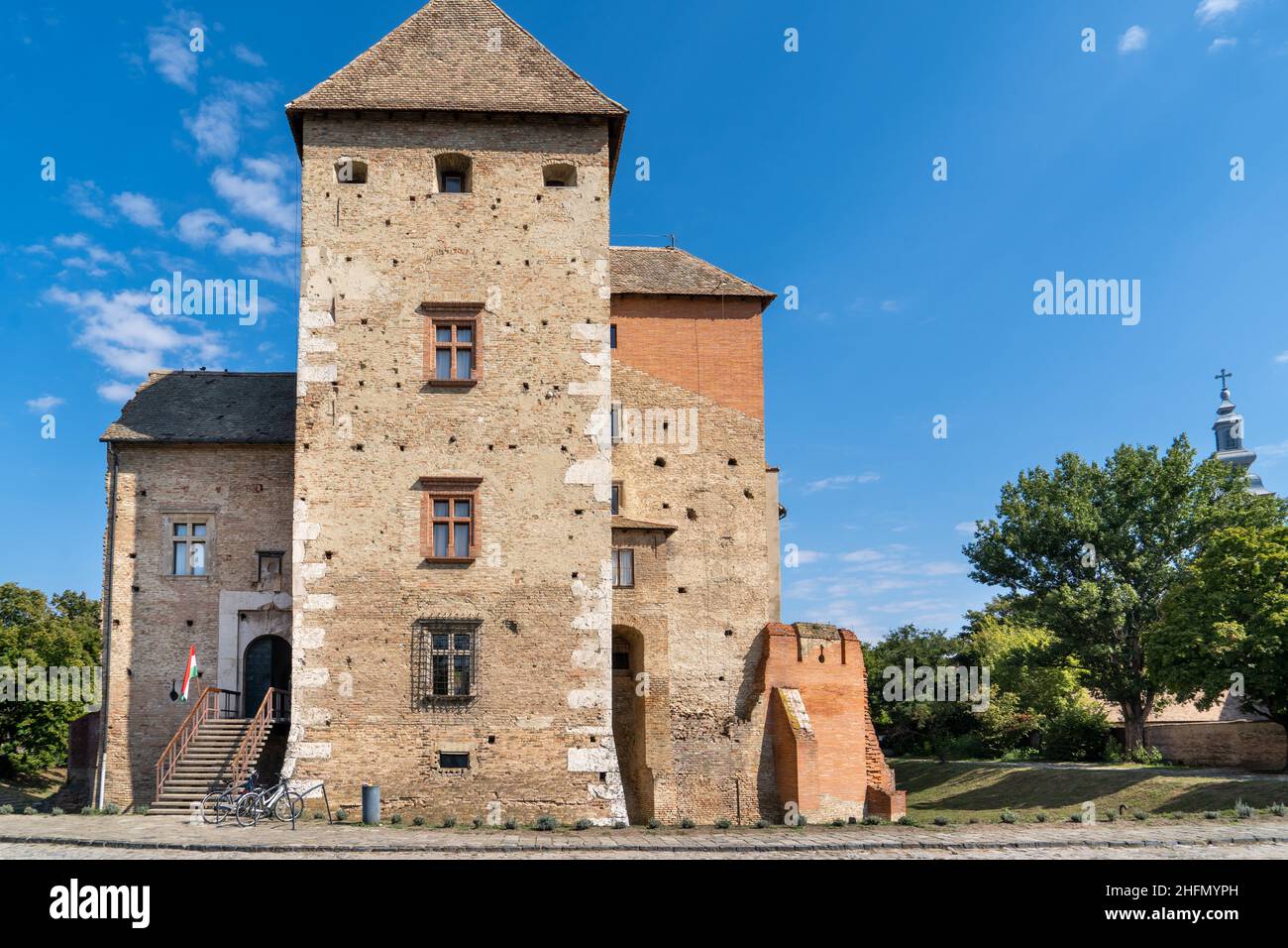 Aerial view of medieval Gothic Simontornya castle protecting the cross ...