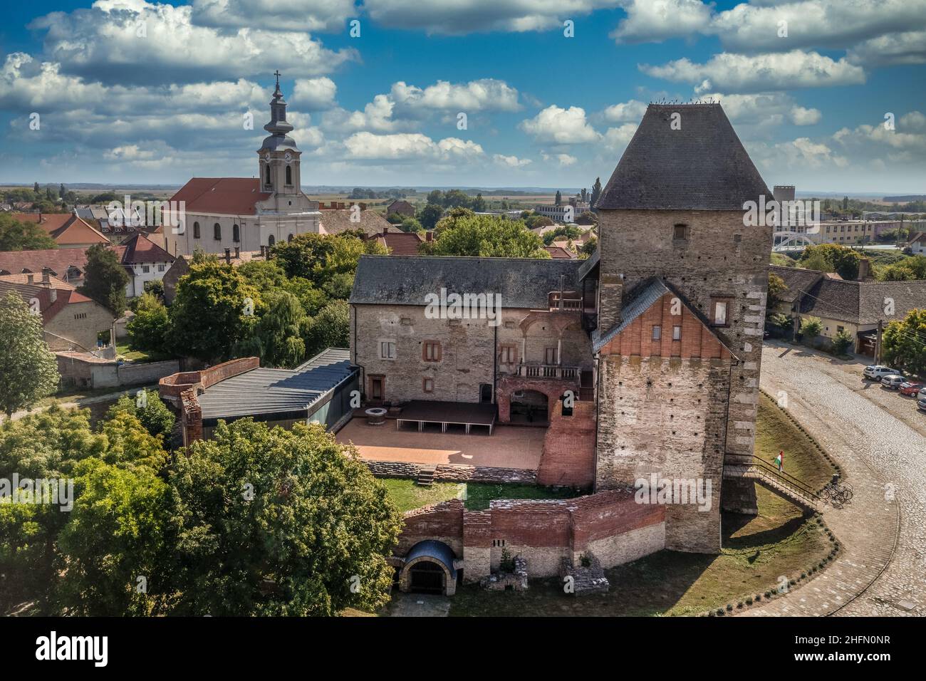 Aerial view of medieval Gothic Simontornya castle protecting the cross ...