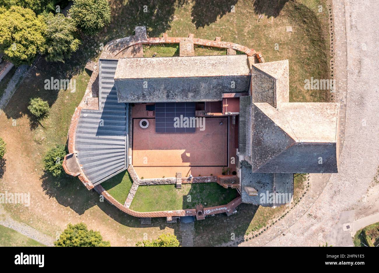 Aerial view of medieval Gothic Simontornya castle protecting the cross ...
