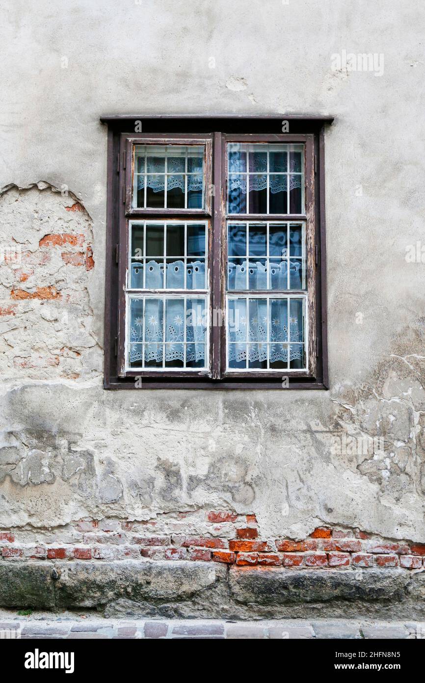 Old damaged wall with window in wooden frame. Graphic resources Stock ...