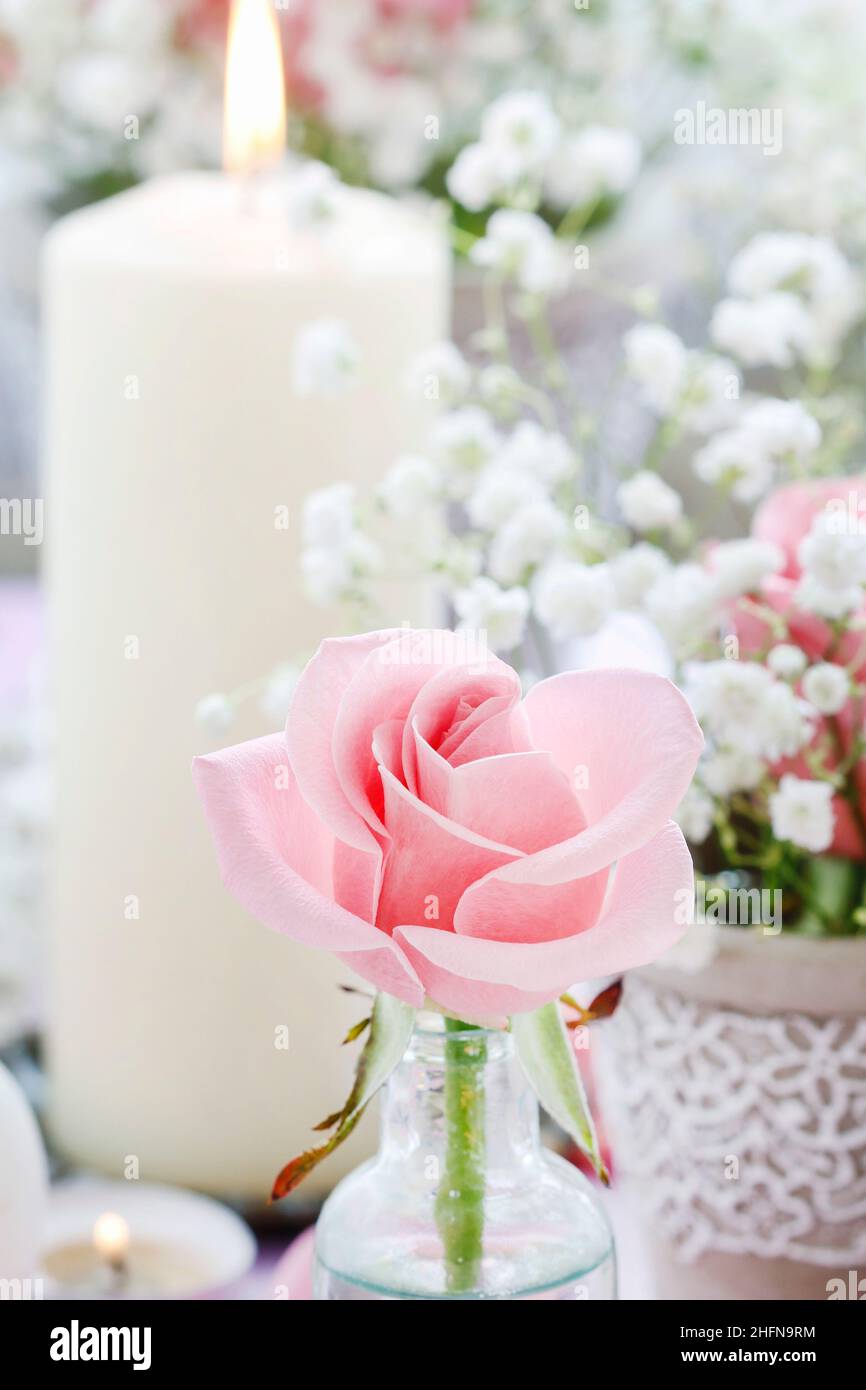 Floral arrangement with pink roses, gypsophila paniculata and candles ...