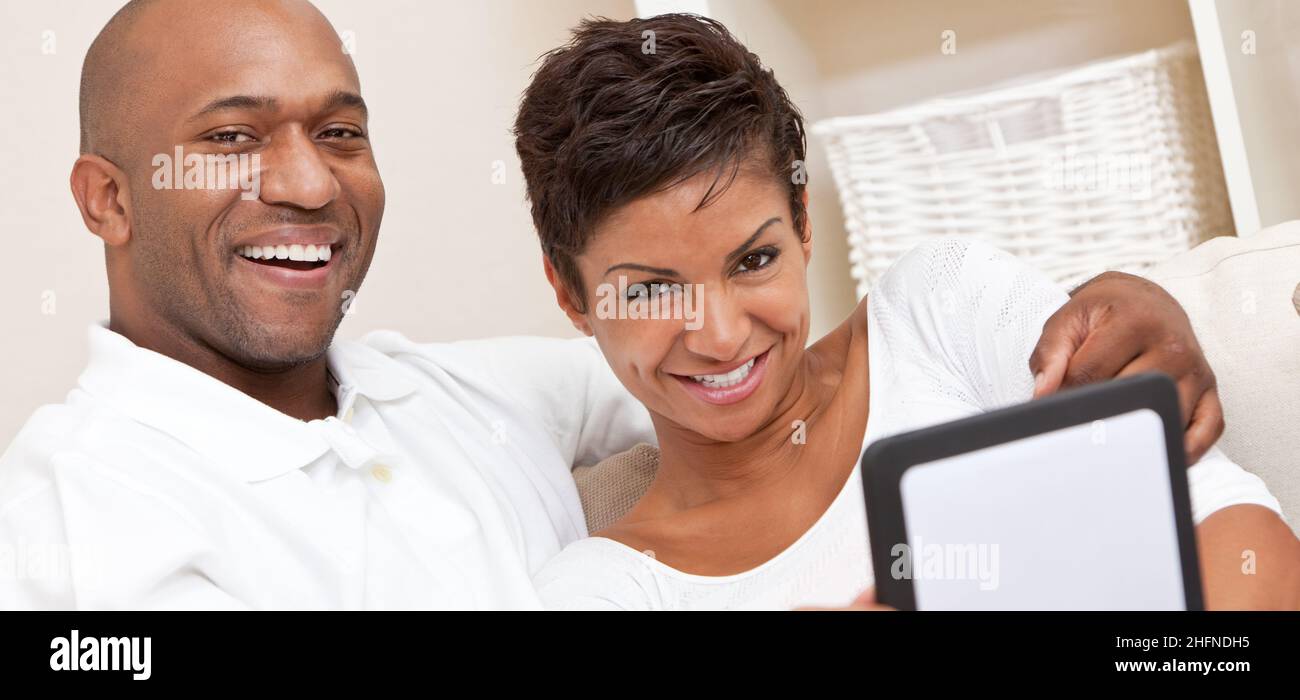 Panoramic web banner header African American man woman couple using ...