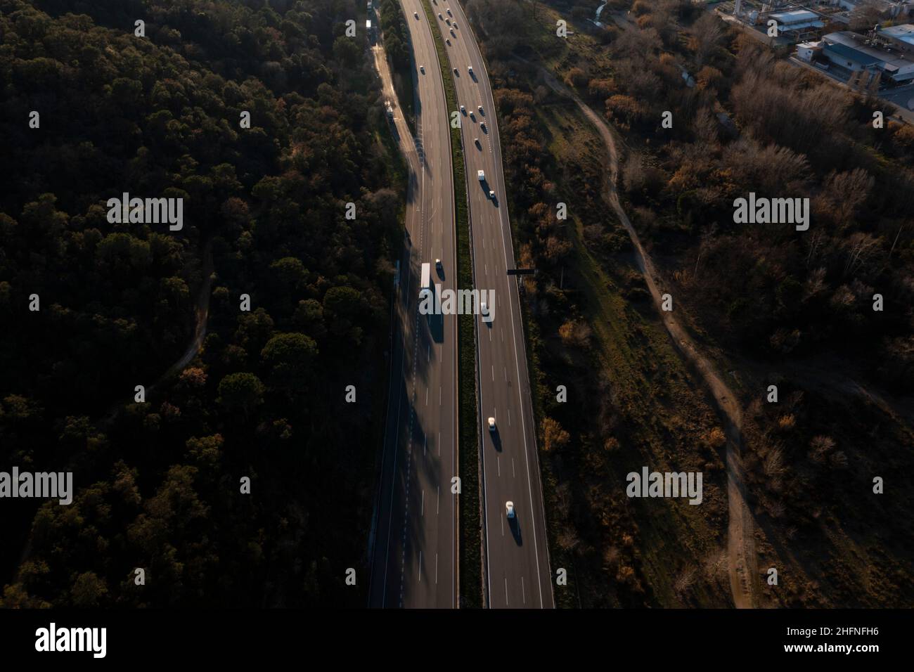 Aerial view of traffic on a motorway in northern Catalonia, Spain Stock ...
