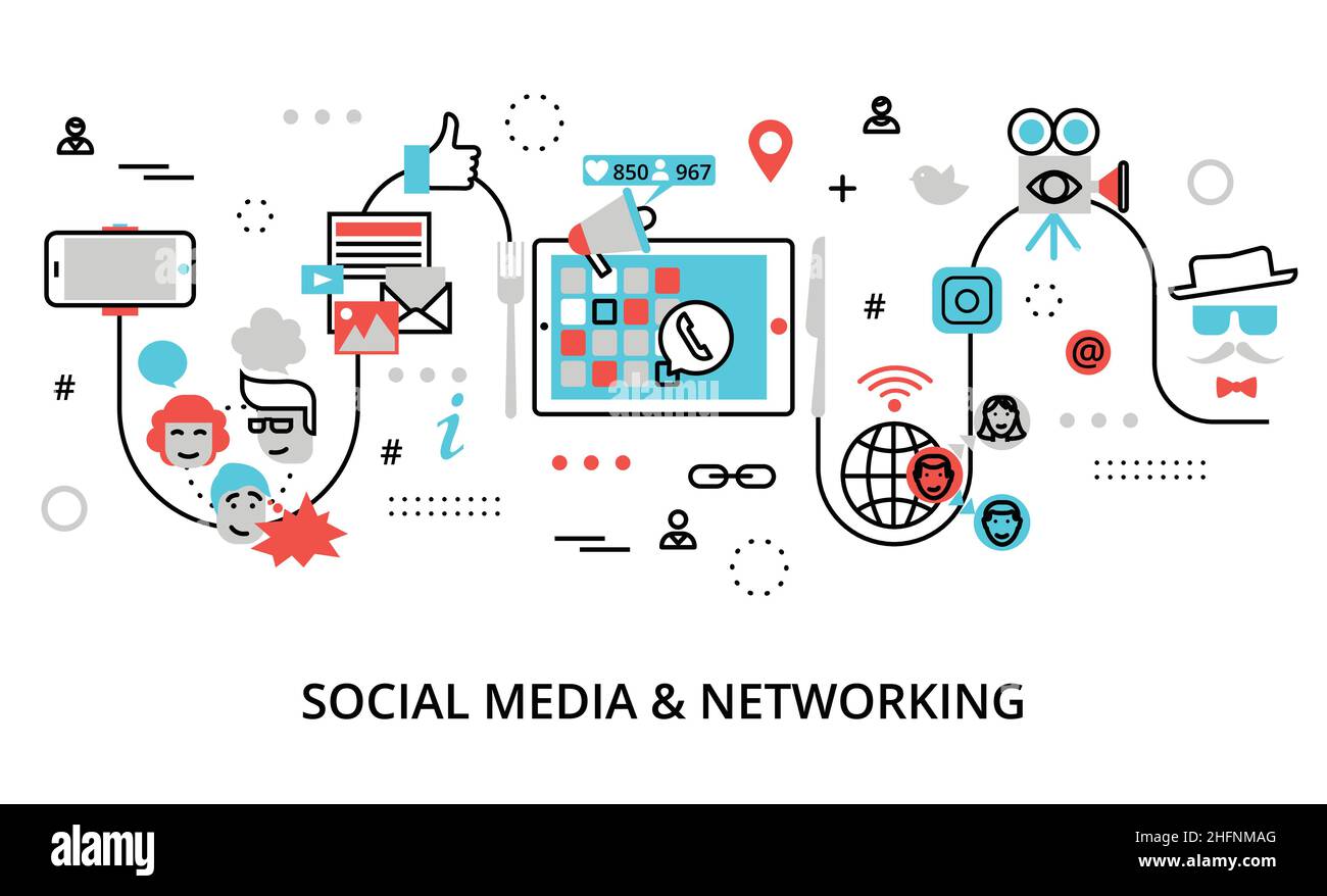 Modern flat line design vector illustration, concept of social media ...