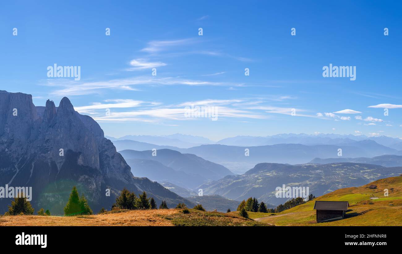 Beautiful panoramic view of Val Gardena in Seiser Alm at the morning ...